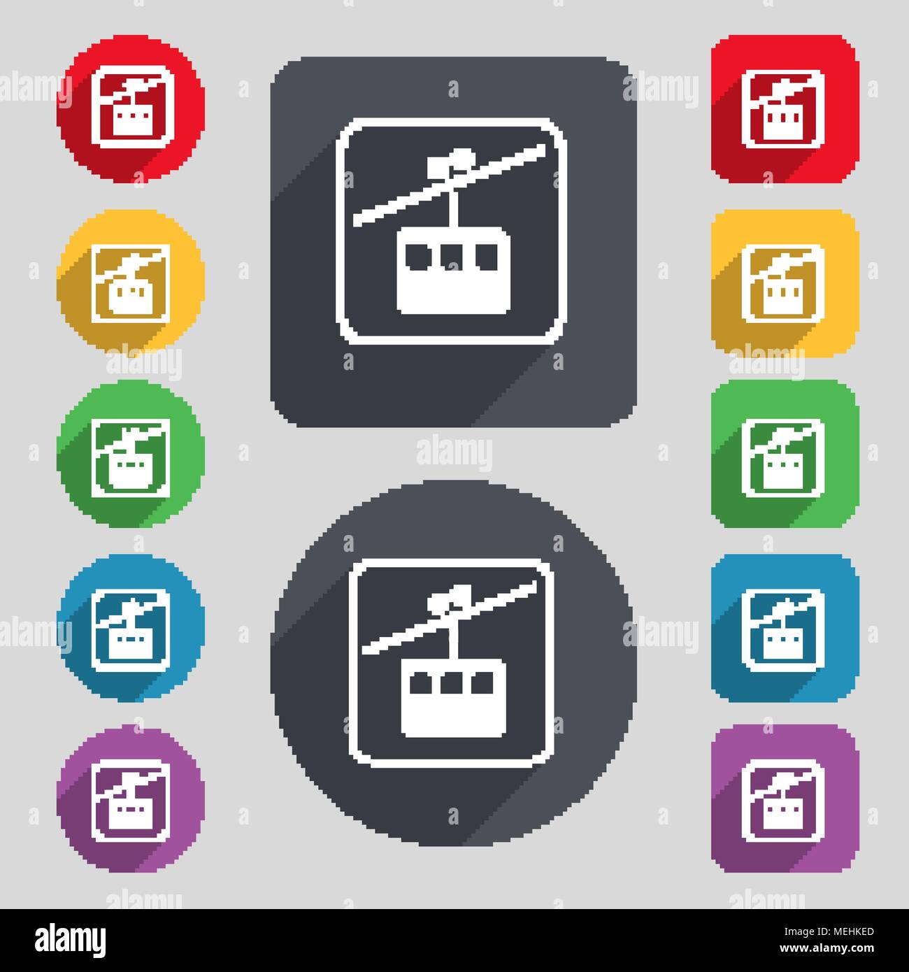 cable car line icon sign. A set of 12 colored buttons and a long shadow ...