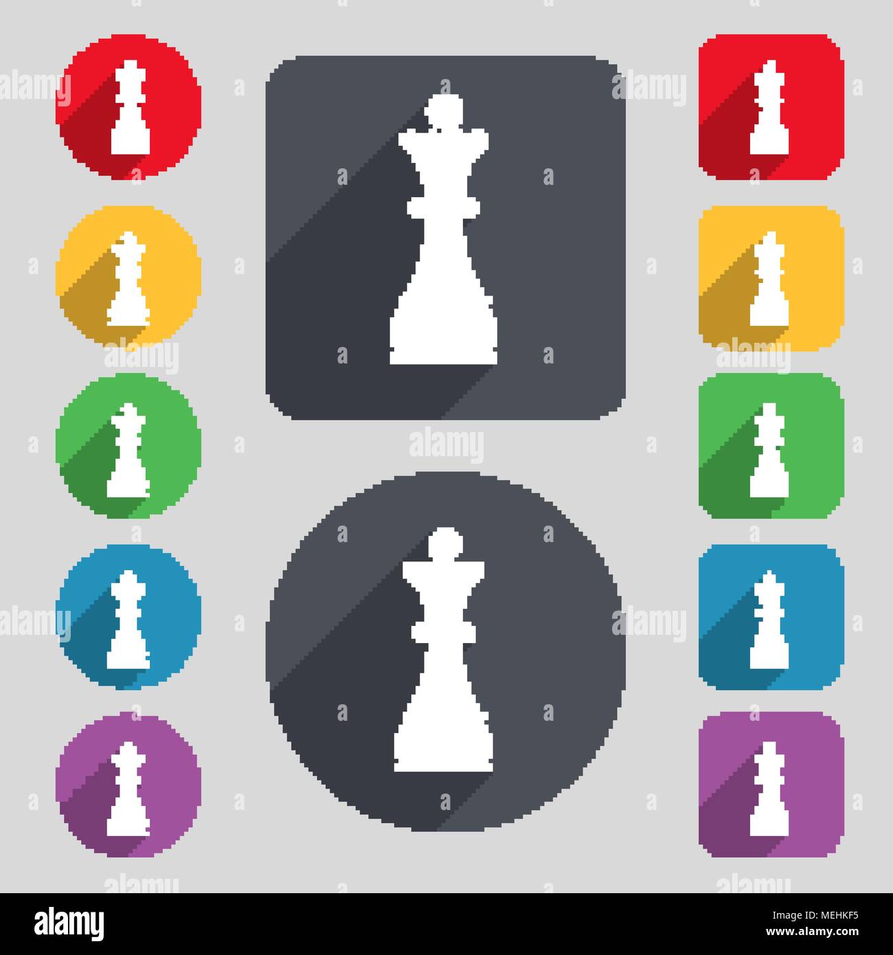 Chess Queen icon sign. A set of 12 colored buttons and a long shadow ...