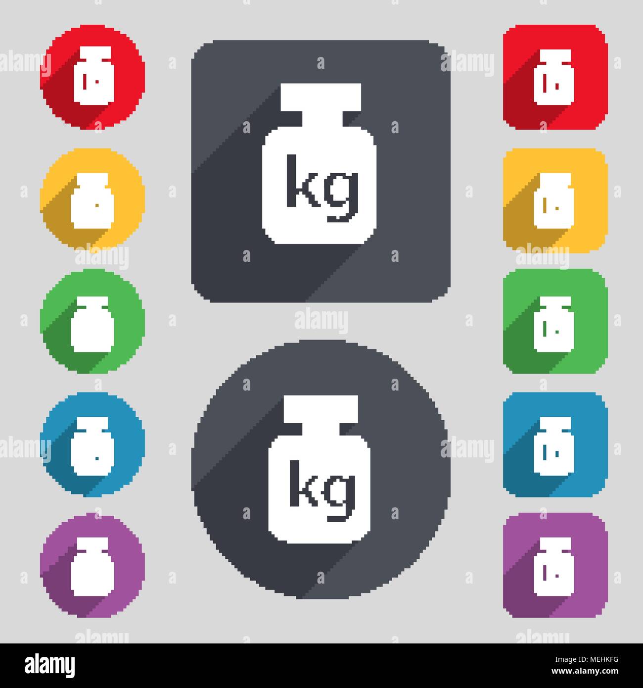 Weight icon sign. A set of 12 colored buttons and a long shadow. Flat ...