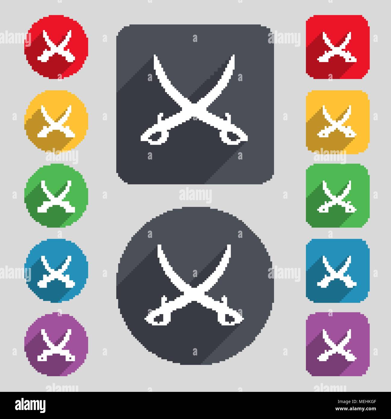 Crossed saber icon sign. A set of 12 colored buttons and a long shadow. Flat design. Vector ...