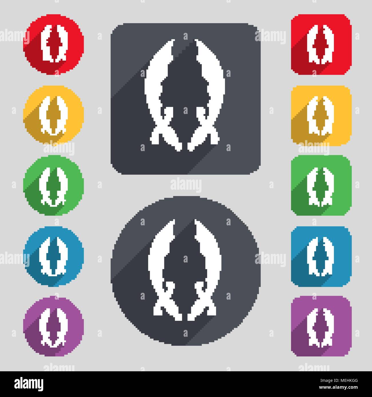 Saber icon sign. A set of 12 colored buttons and a long shadow. Flat ...