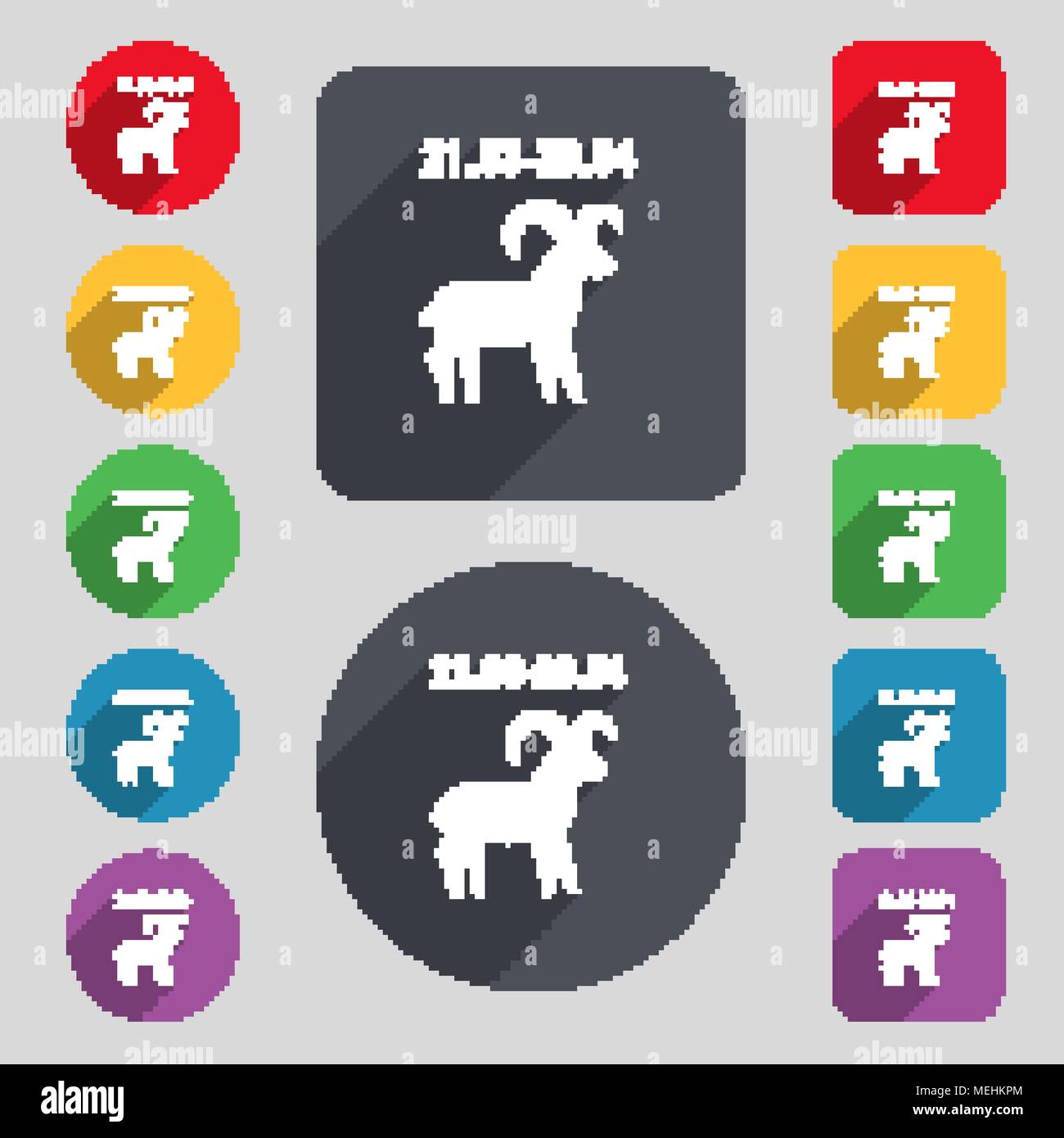 Decorative Zodiac Aries icon sign. A set of 12 colored buttons and a ...