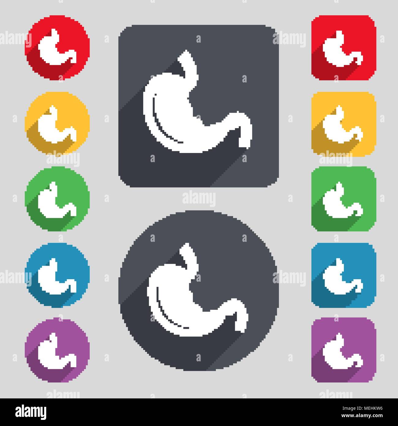 Stomach icon sign. A set of 12 colored buttons and a long shadow. Flat ...
