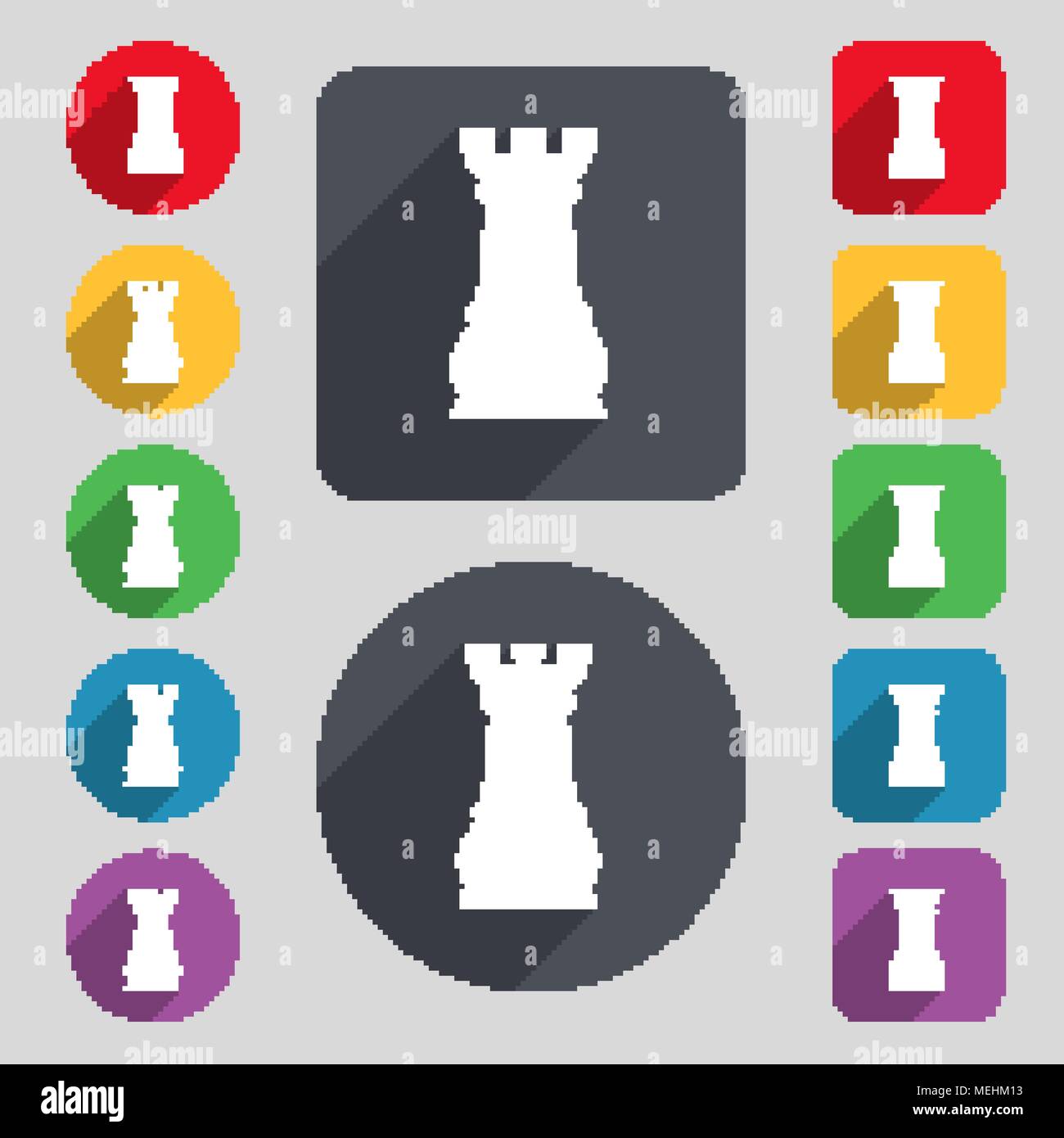 Chess Rook icon sign. A set of 12 colored buttons and a long shadow ...