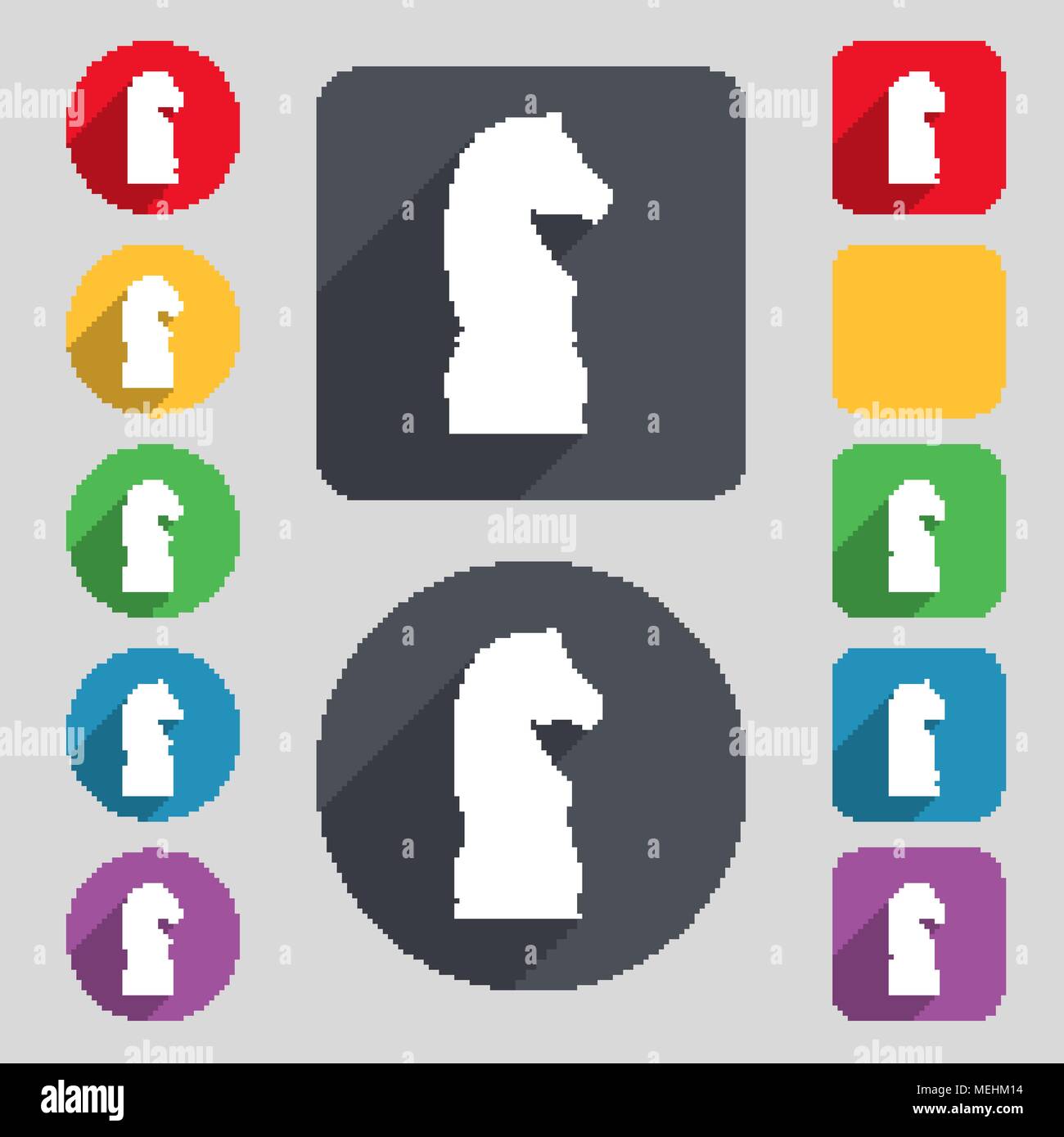 Chess knight icon sign. A set of 12 colored buttons and a long shadow ...