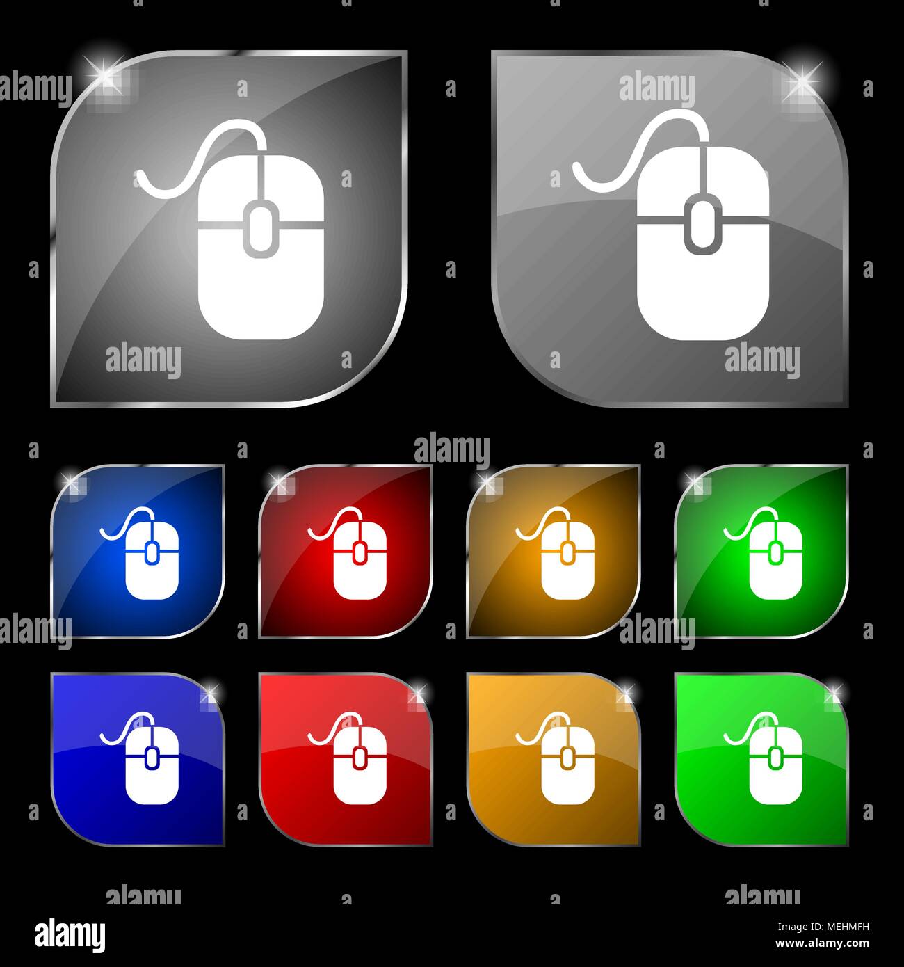 Computer mouse icon sign. Set of ten colorful buttons with glare ...