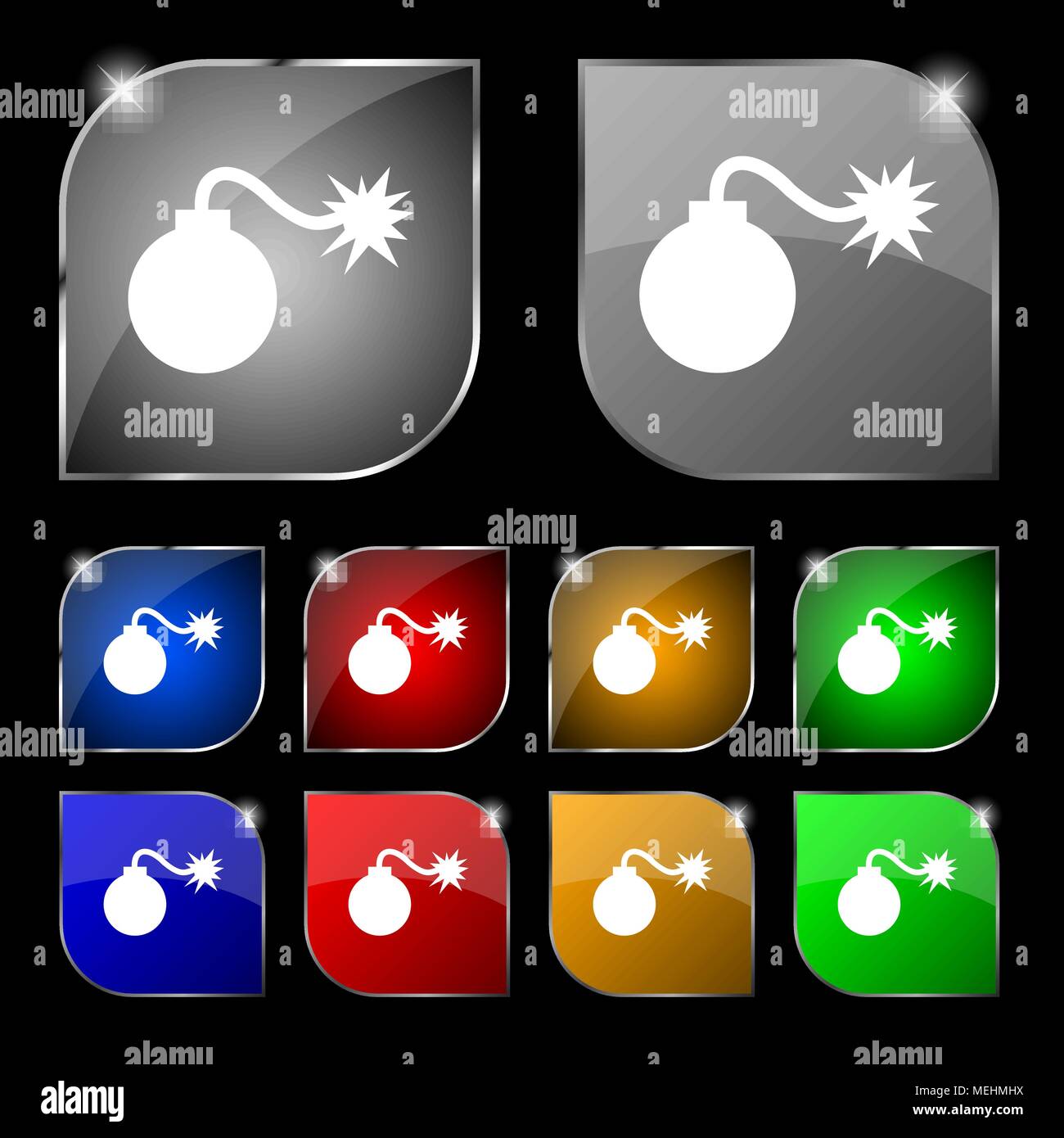 bomb icon sign. Set of ten colorful buttons with glare. Vector ...