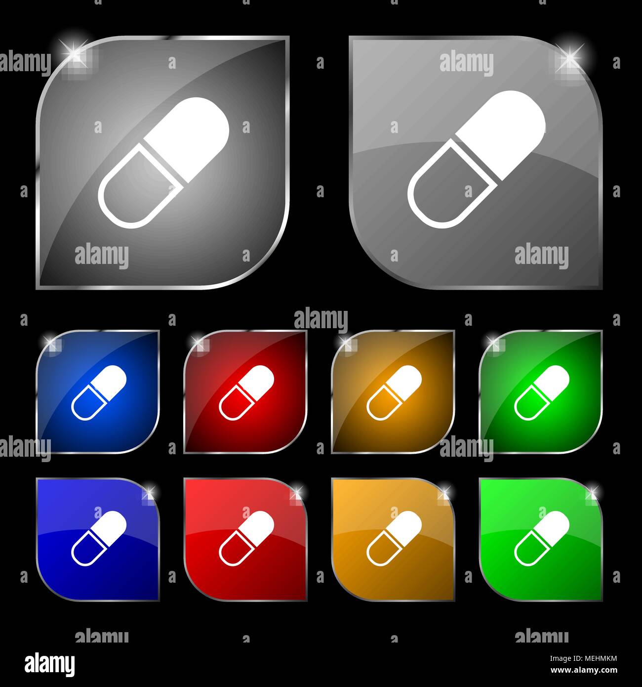 pill icon sign. Set of ten colorful buttons with glare. Vector ...