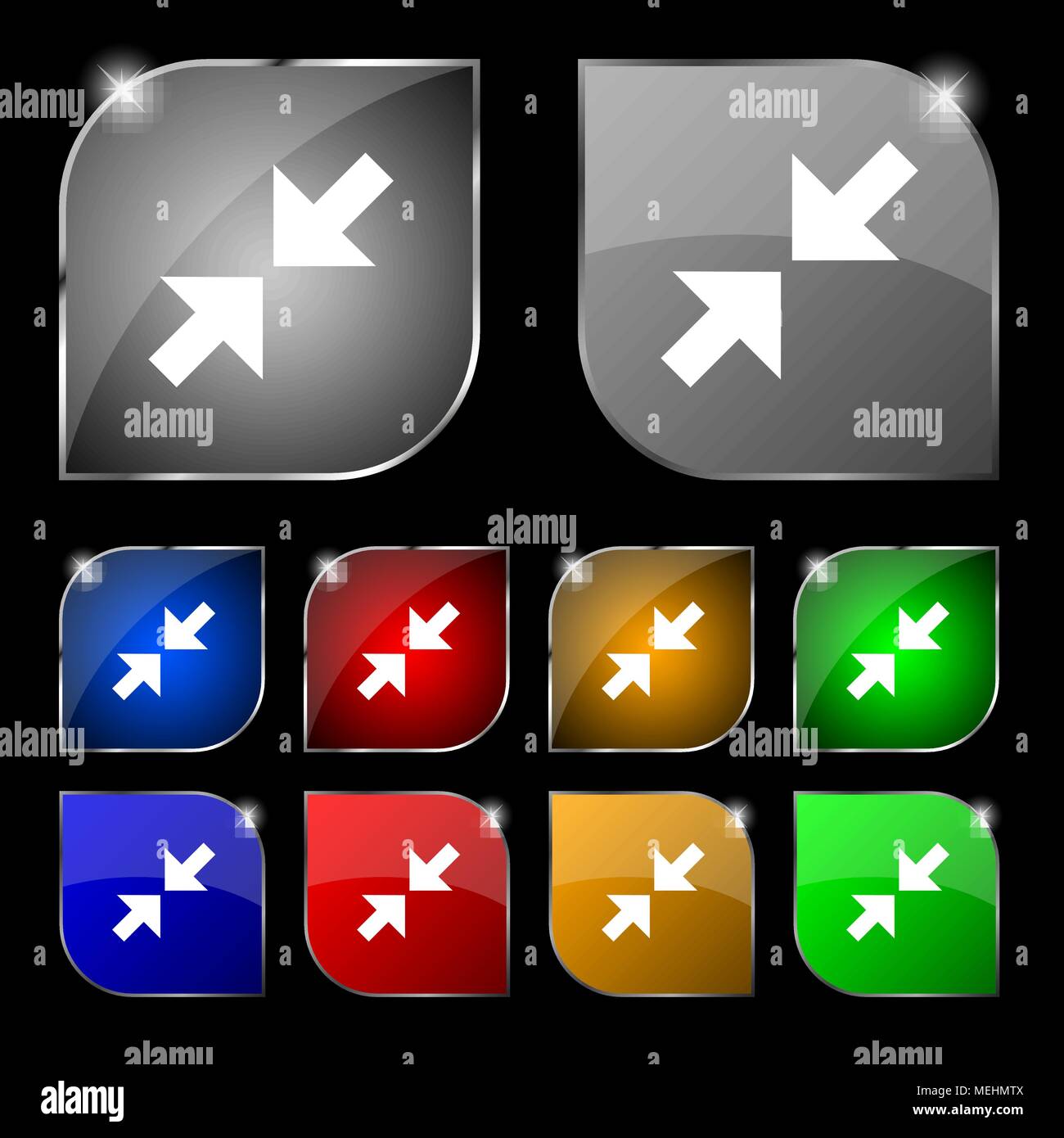 Exit full screen icon sign. Set of ten colorful buttons with glare ...