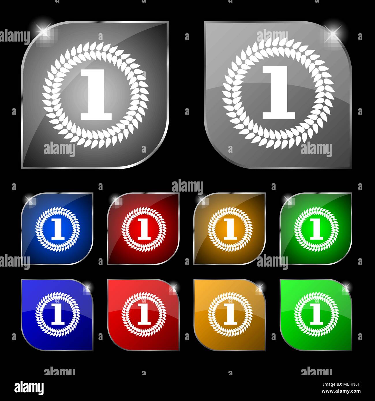 Medal, award, first icon sign. Set of ten colorful buttons with glare ...