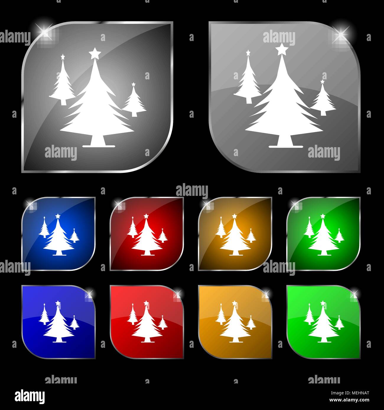 coniferous forest, tree, fir-tree icon sign. Set of ten colorful ...