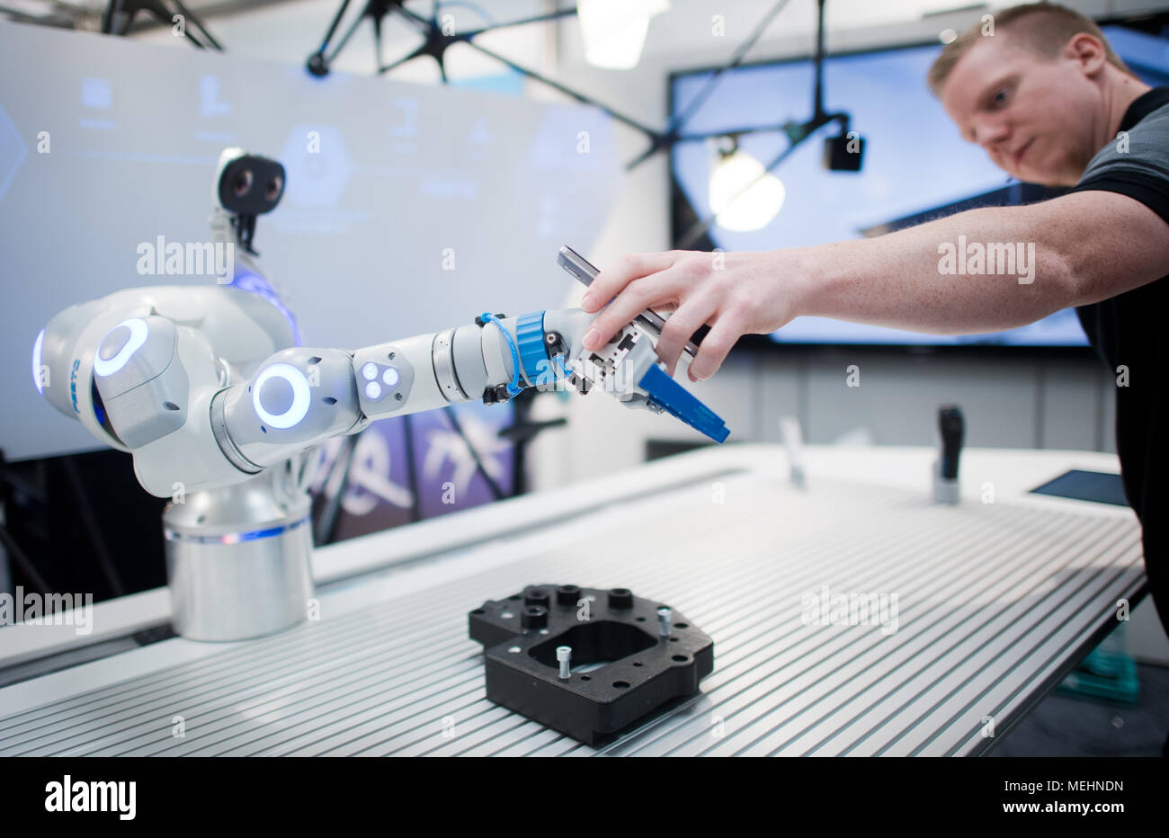 Hanover, Germany, 22 April 2018. Developer Christian Trapp interacts ...