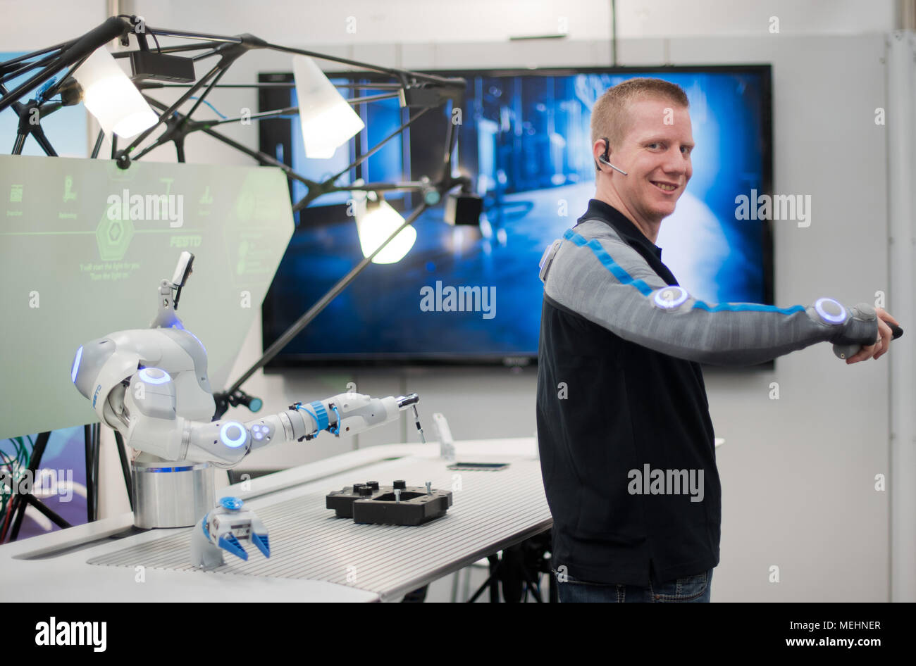 Hanover, Germany, 22 April 2018. Developer Christian Trapp interacts ...