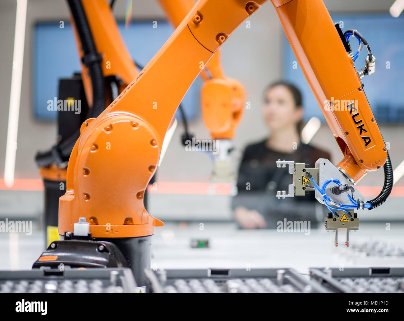 22 April 2018, Hannover, Germany: Several robots are in a "smart ...