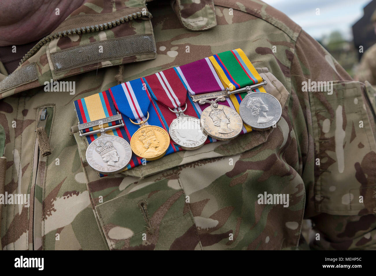 Warrington, UK, 22 April 2018. Medals worn on the chest of a Senior ...