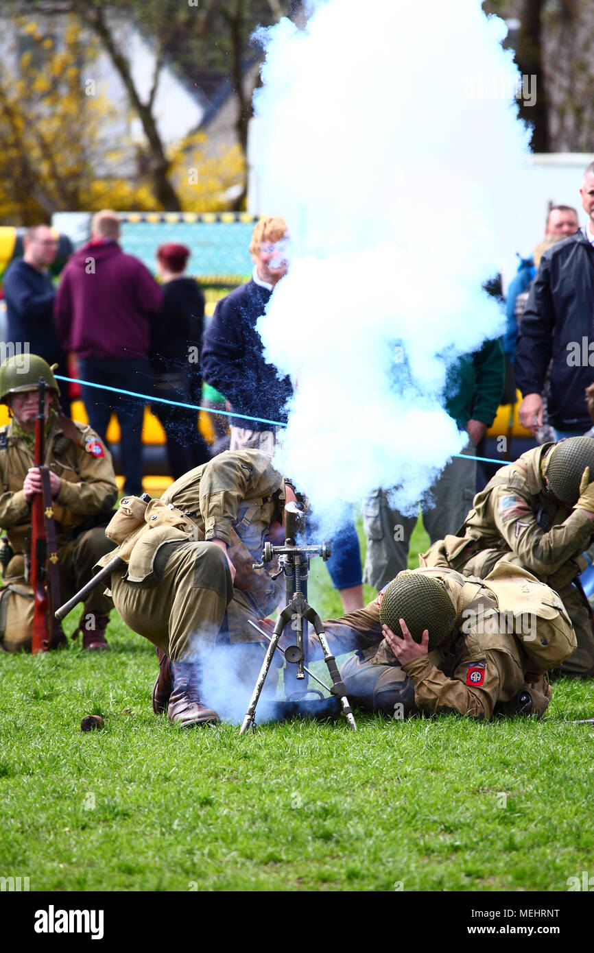 Morley, Leeds, UK - 22nd April 2018. World war two reenactment groups ...