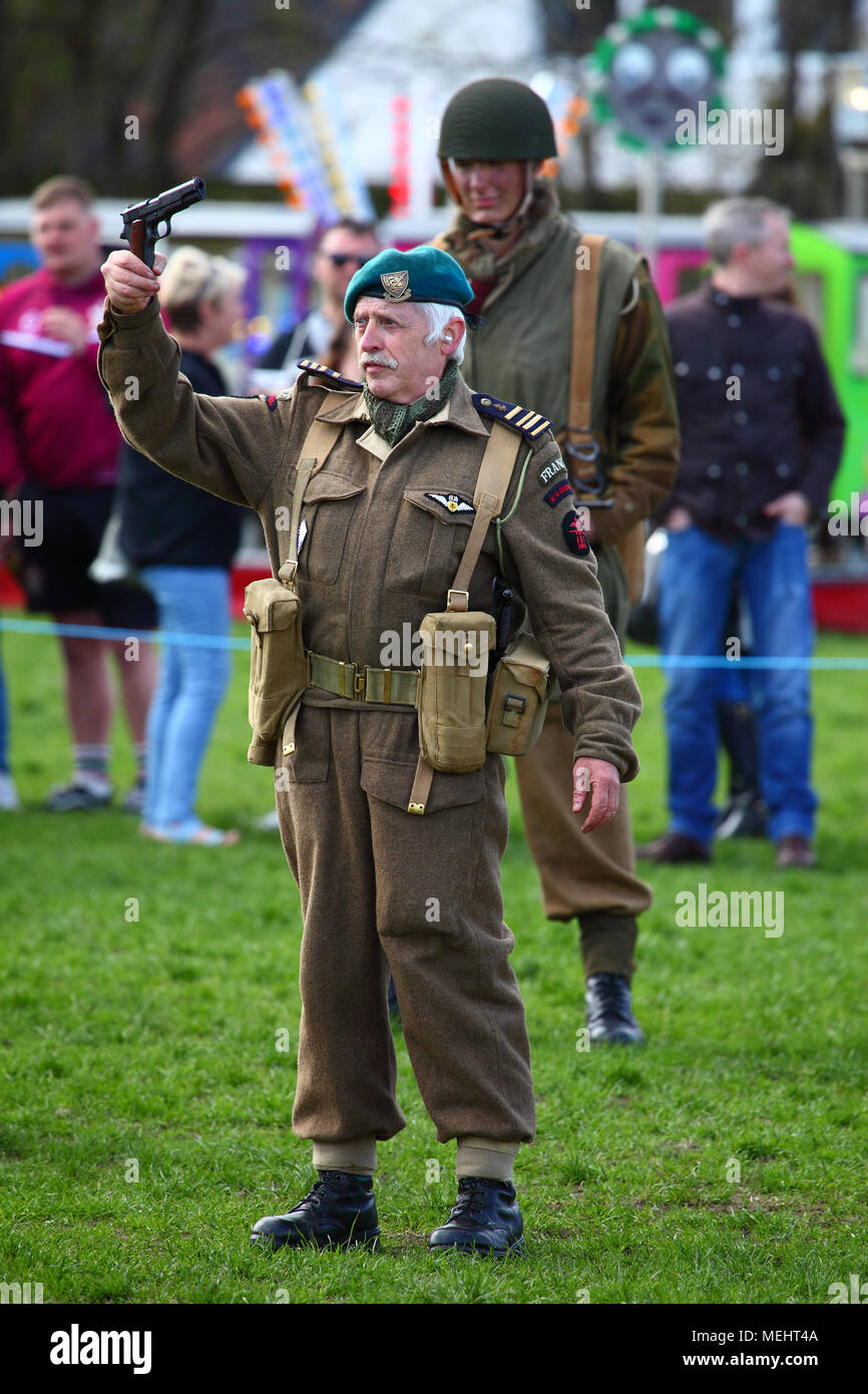 Morley, Leeds, UK - 22nd April 2018. World war two reenactment groups ...