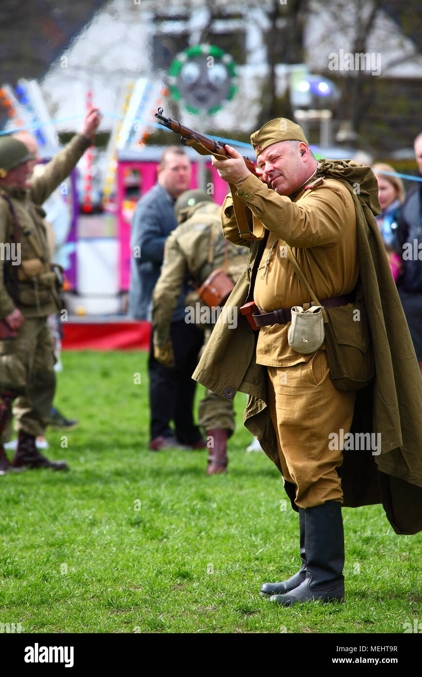 Morley, Leeds, UK - 22nd April 2018. World war two reenactment groups ...