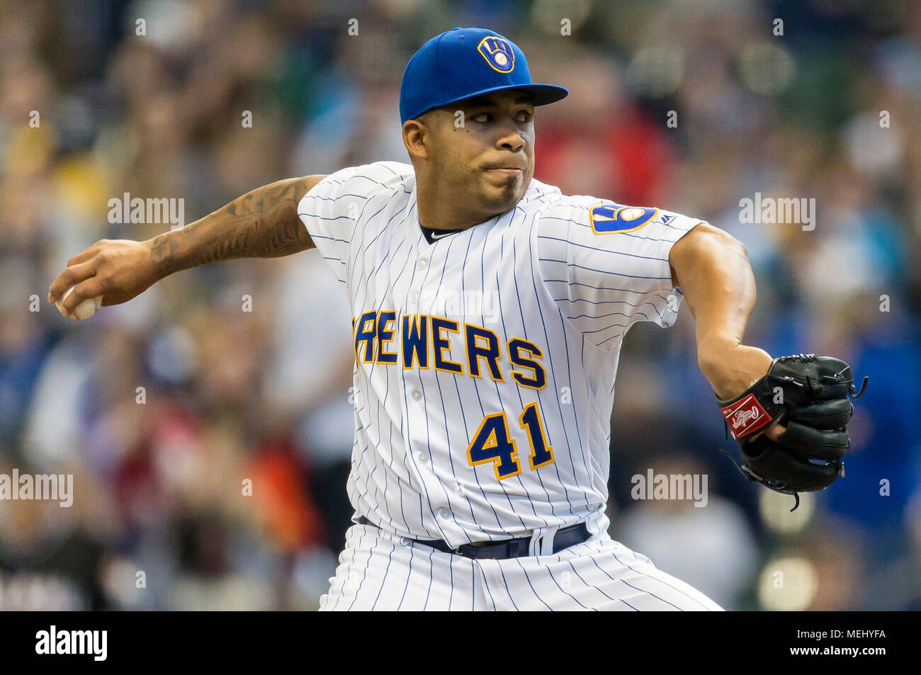 Milwaukee, WI, USA. 22nd Apr, 2018. Milwaukee Brewers starting pitcher ...