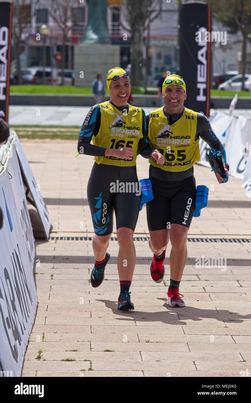 Participants in the Swimrun Costabrava competition in in a small town ...