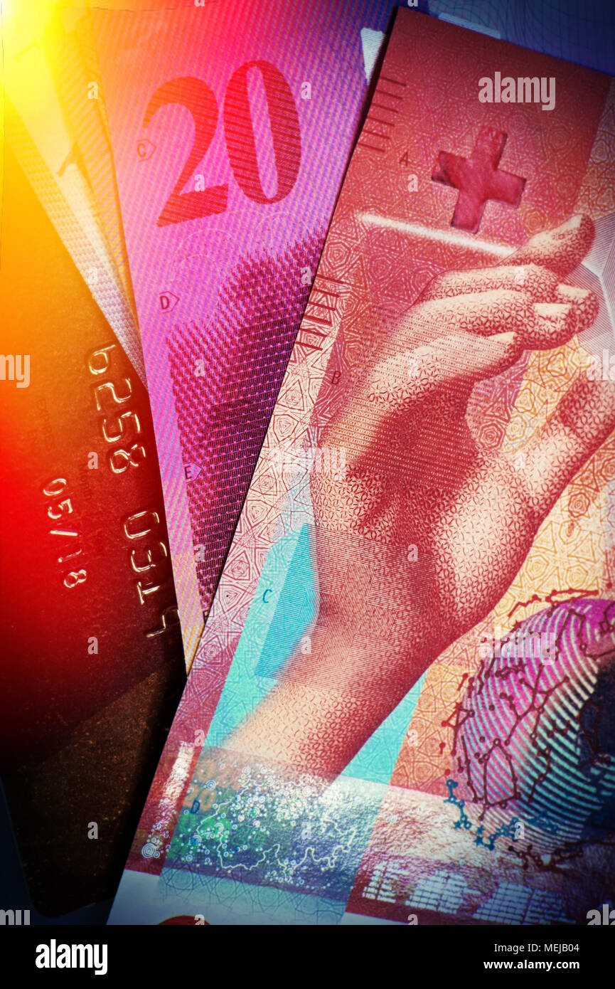 Swiss banknotes - a collection of old and new twenty franc notes. Cash ...