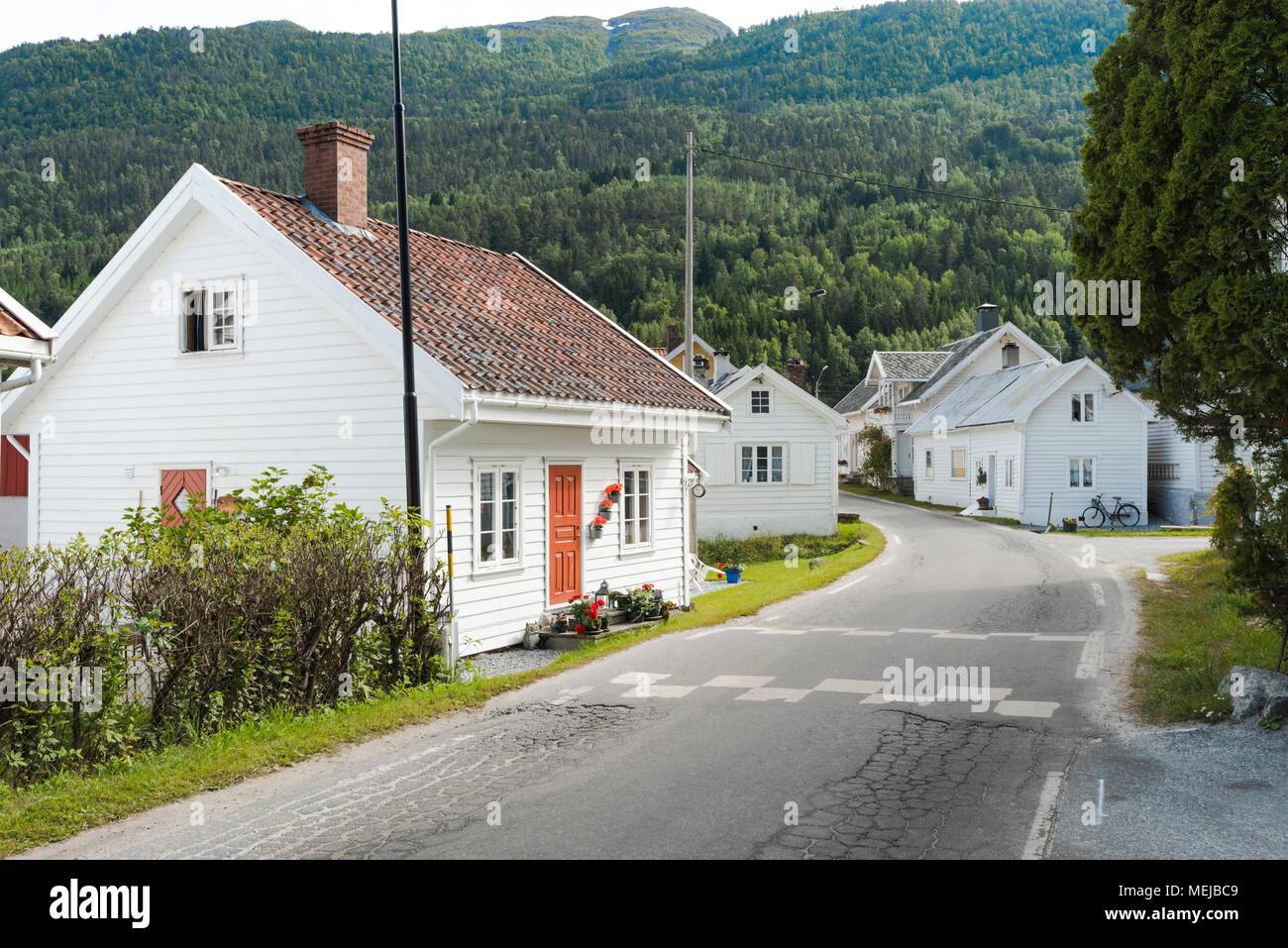 streetview and houses of small village Solvorn, Norway, Lustrafjorden ...