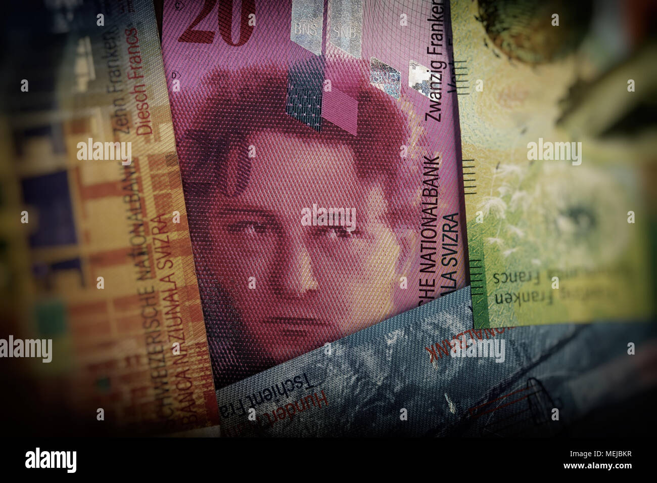 Swiss cash paper notes twenty francs. The money is on the table Stock ...