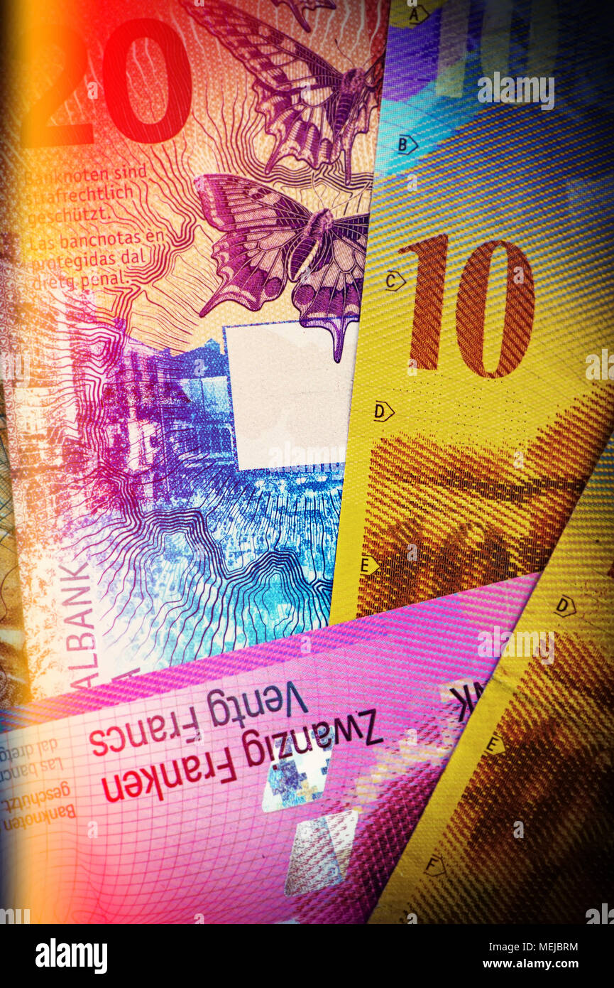 Swiss cash denominations ten francs. The money is on the table Stock ...