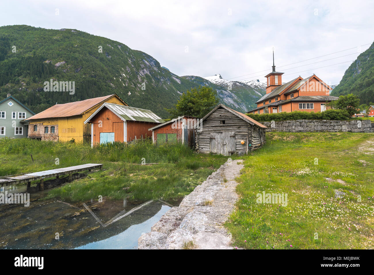 village Fjaerland, Norway, Fjaerlandsfjorden, Sognefjorden, small place ...