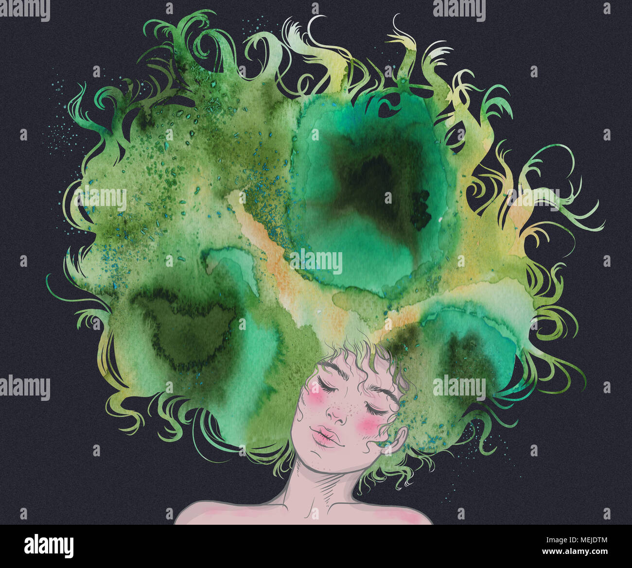 Magic watercolour hair go sleeping girl Stock Photo - Alamy