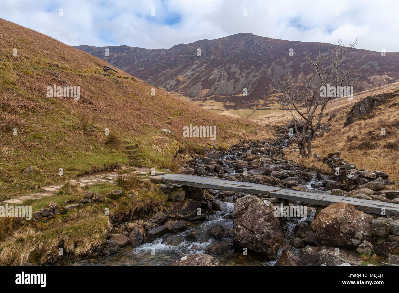 A slate footbridge crosses over Nant Cadair, a stream that flows from ...