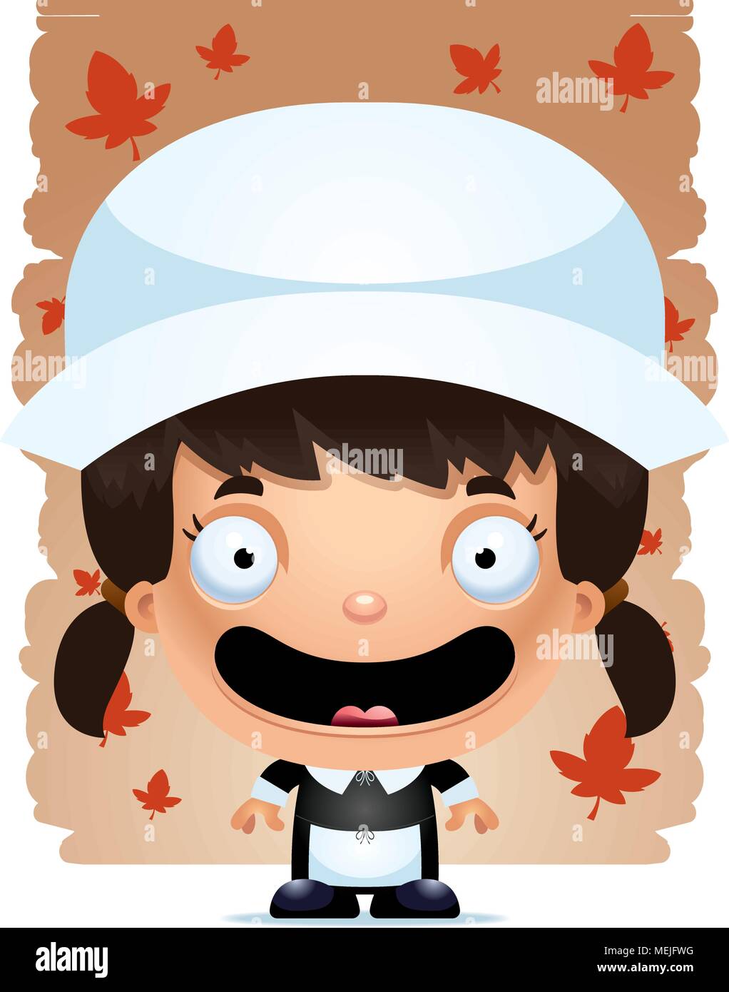 A cartoon illustration of a girl pilgrim standing and smiling Stock ...