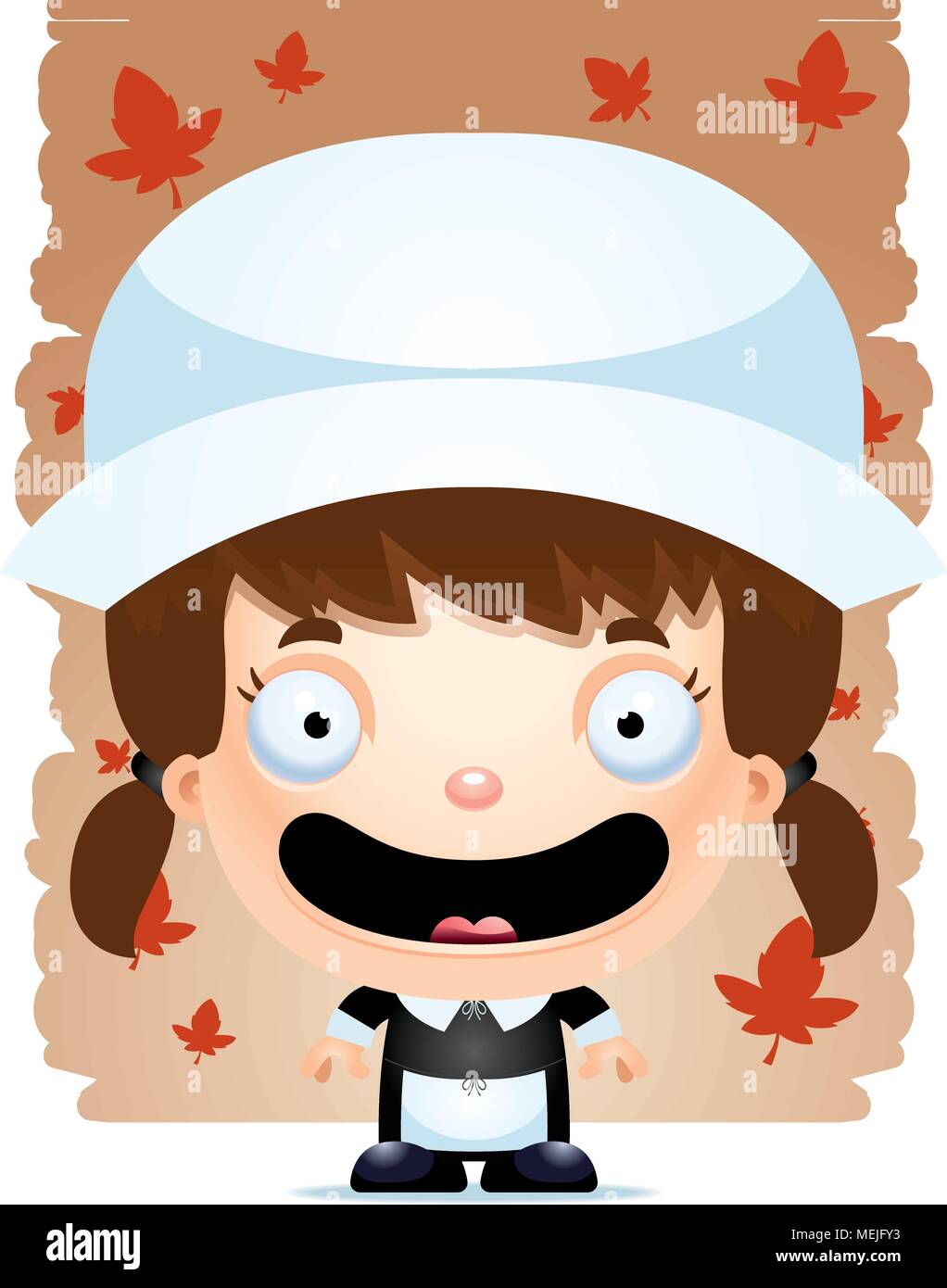 A cartoon illustration of a girl pilgrim standing and smiling Stock ...