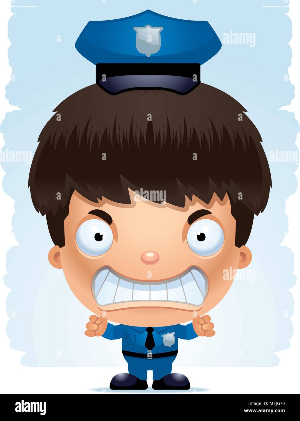 A cartoon illustration of a boy police officer with an angry expression ...