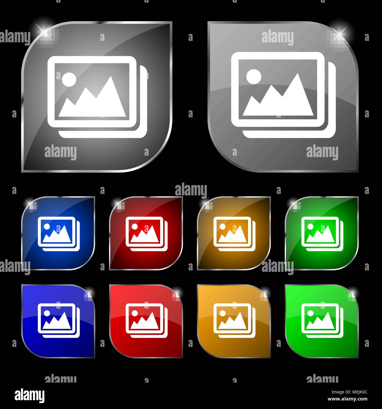 images, jpeg, photograph icon sign. Set of ten colorful buttons with ...