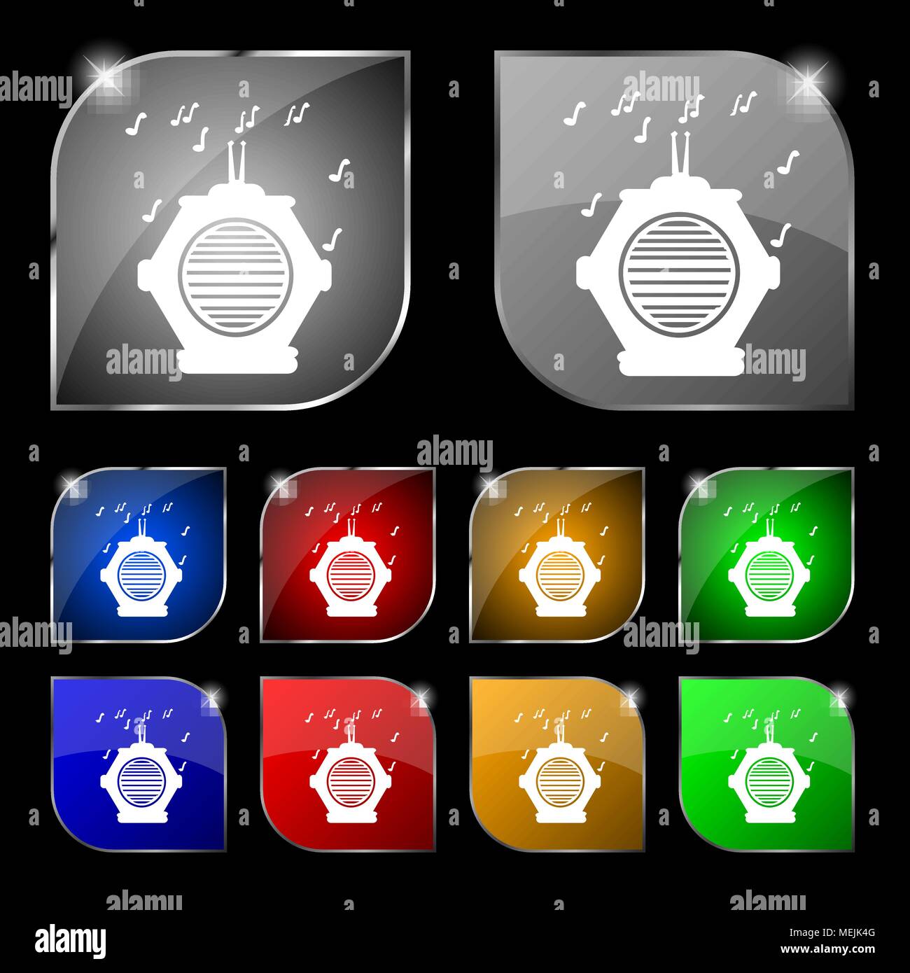 old analog radio icon sign. Set of ten colorful buttons with glare ...