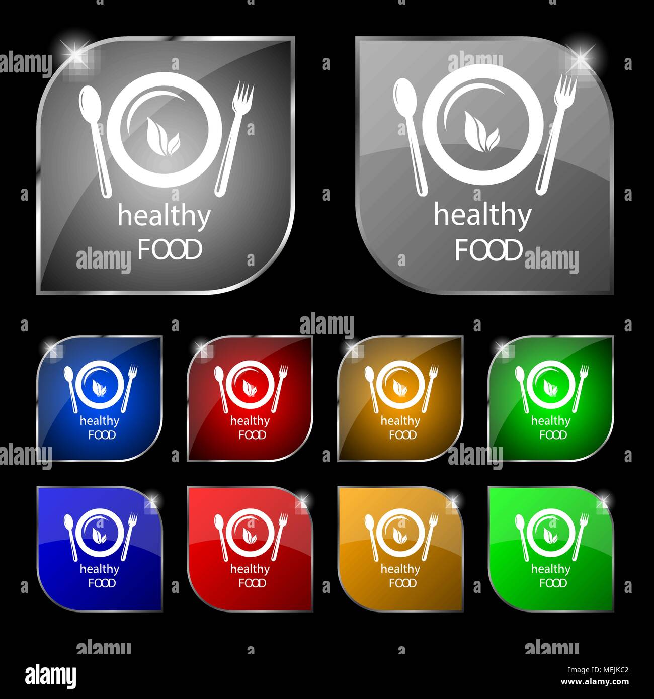 healthy food concept icon sign. Set of ten colorful buttons with glare ...