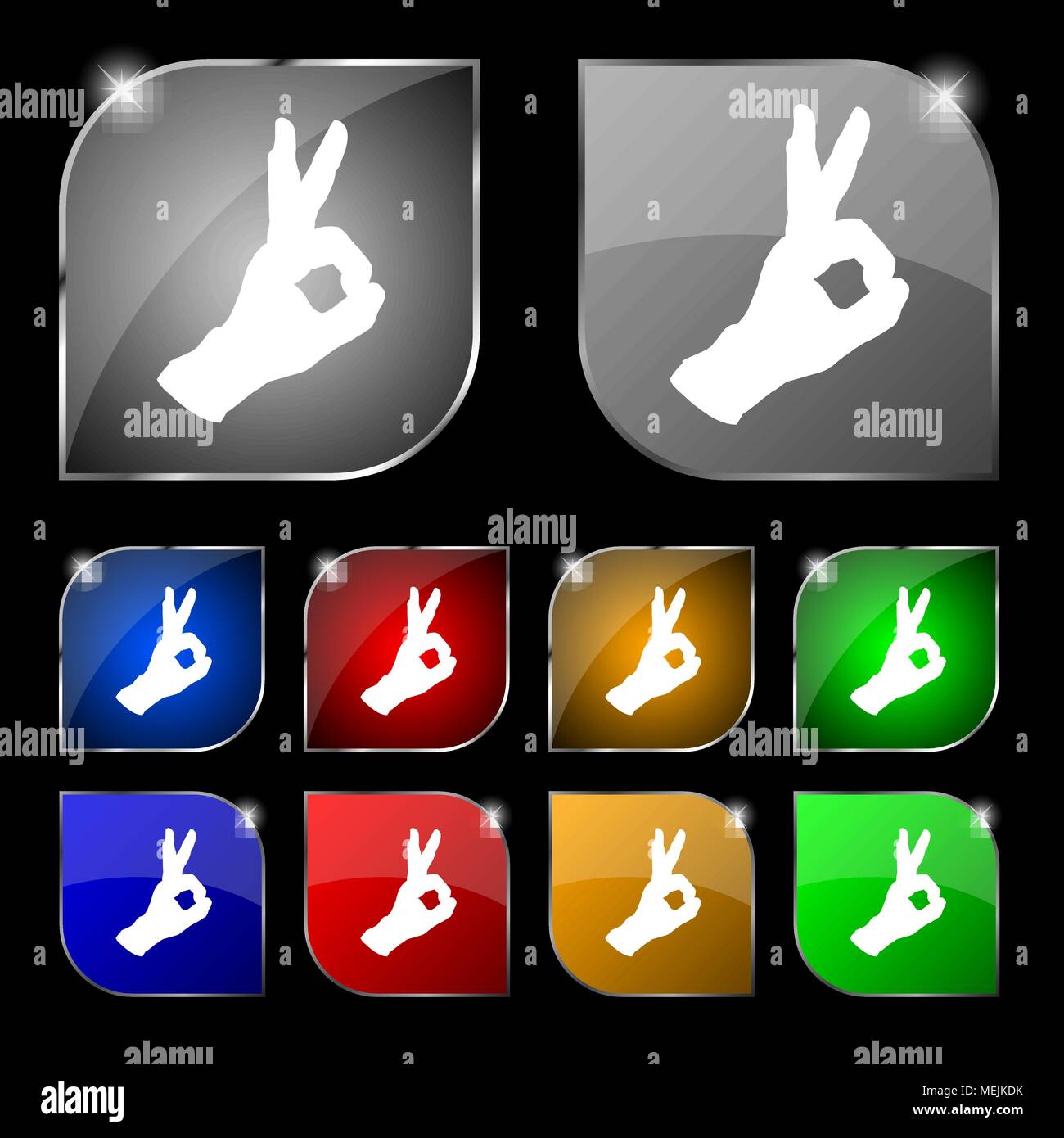 Gesture ok icon sign. Set of ten colorful buttons with glare. Vector ...