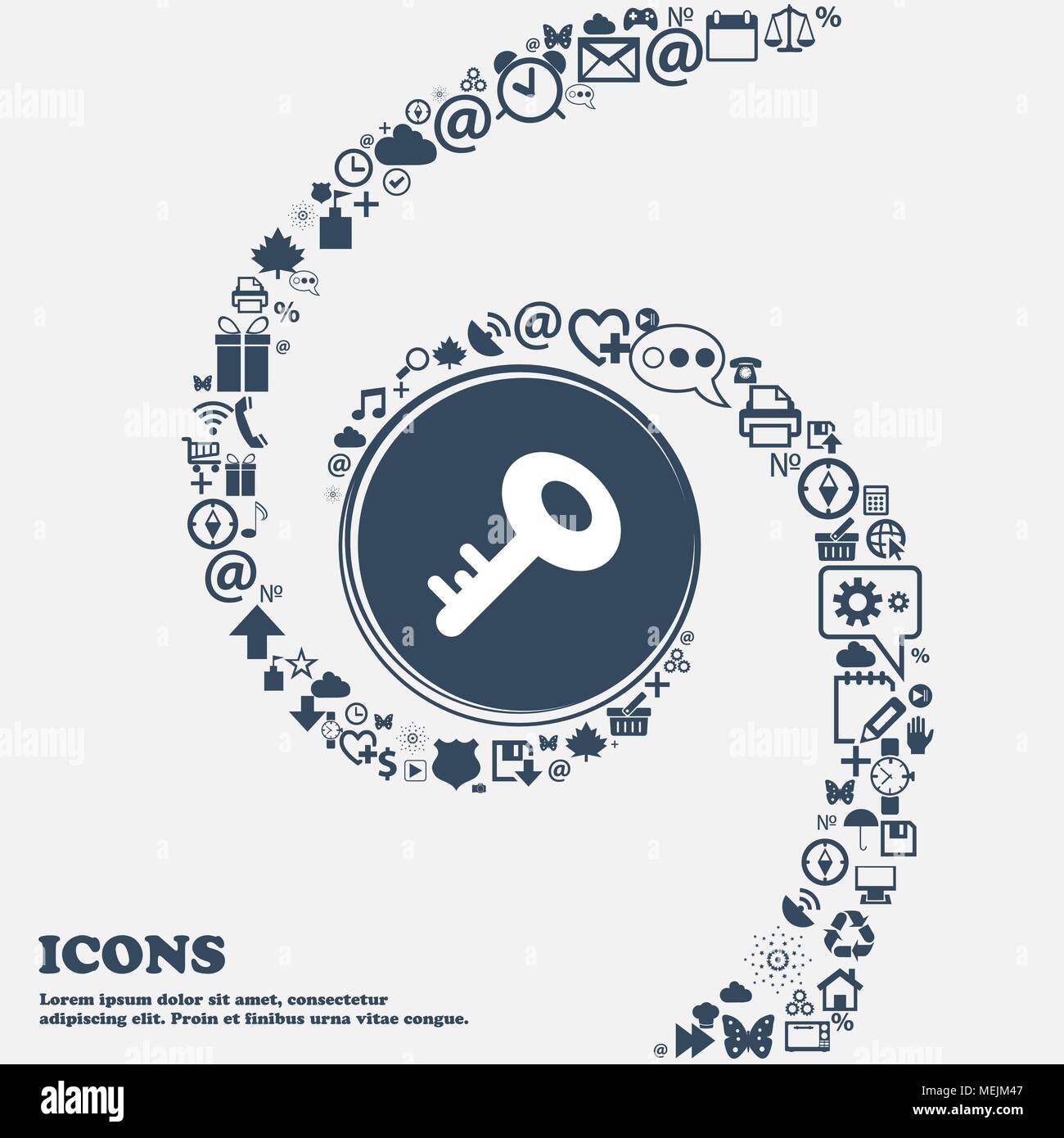 Key icon in the center. Around the many beautiful symbols twisted in a ...