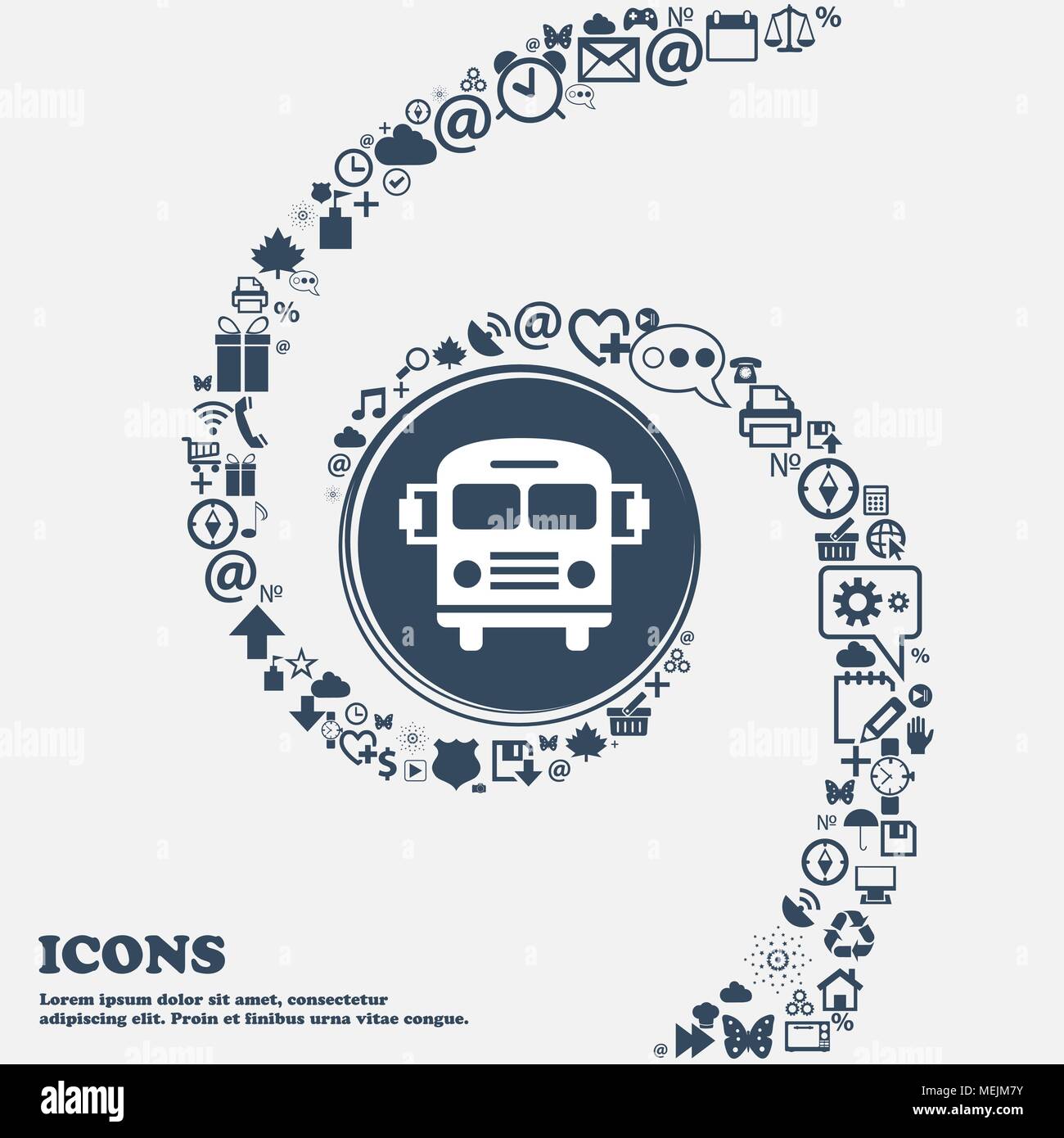 Bus icon in the center. Around the many beautiful symbols twisted in a ...