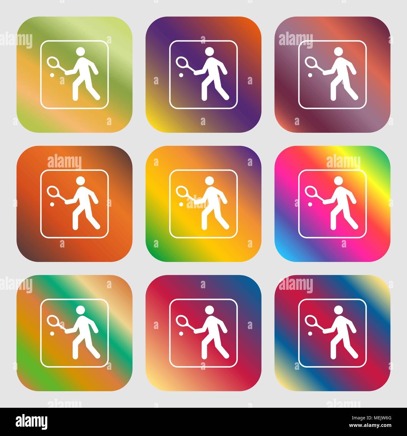 Tennis player sign icon . Nine buttons with bright gradients for ...