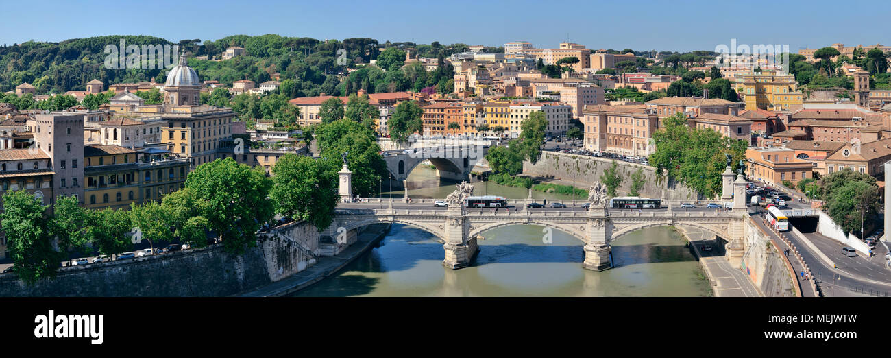 Rome aerial view with ancient architecture, bridge and River Tiber ...