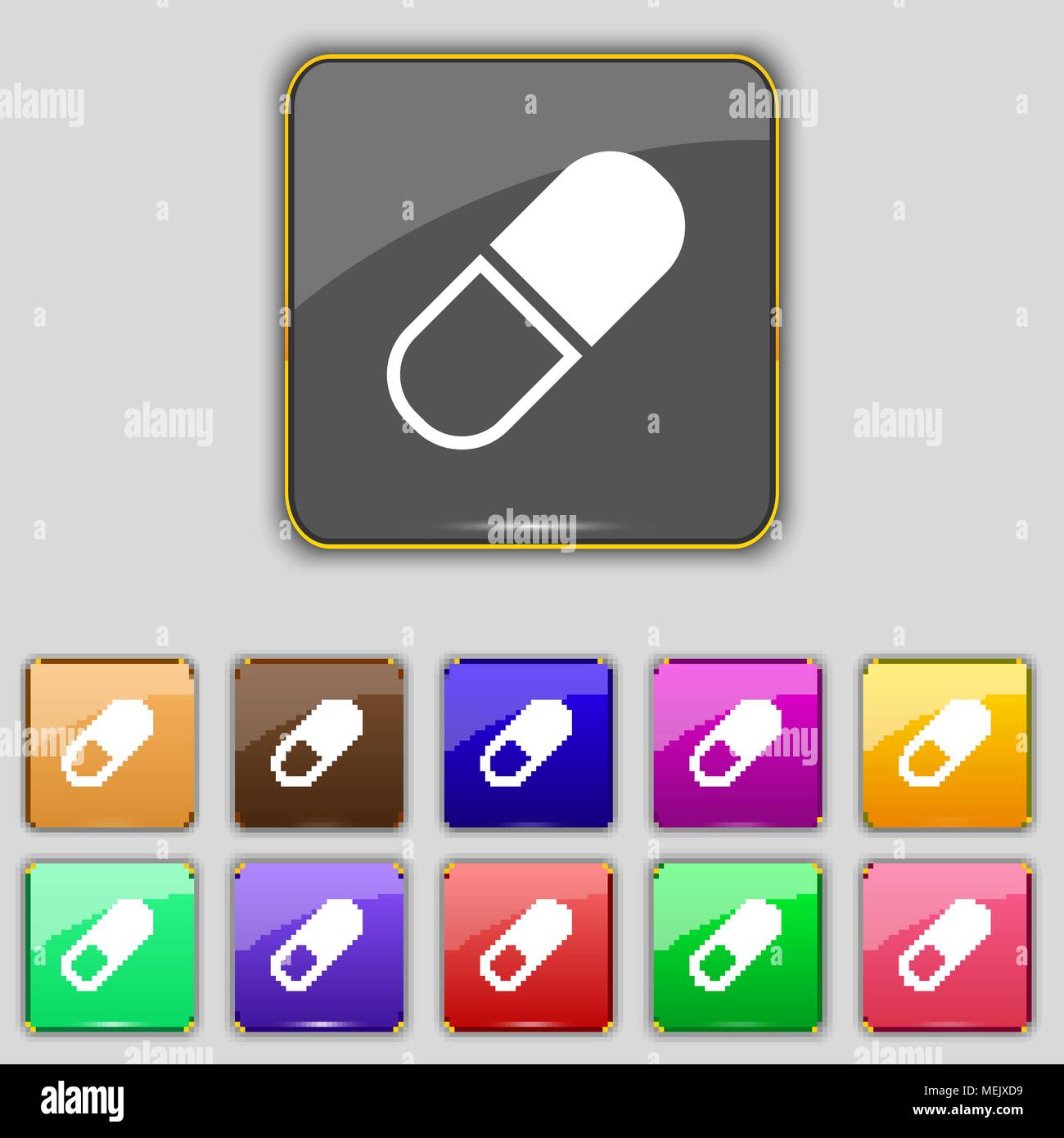 pill icon sign. Set with eleven colored buttons for your site. Vector ...