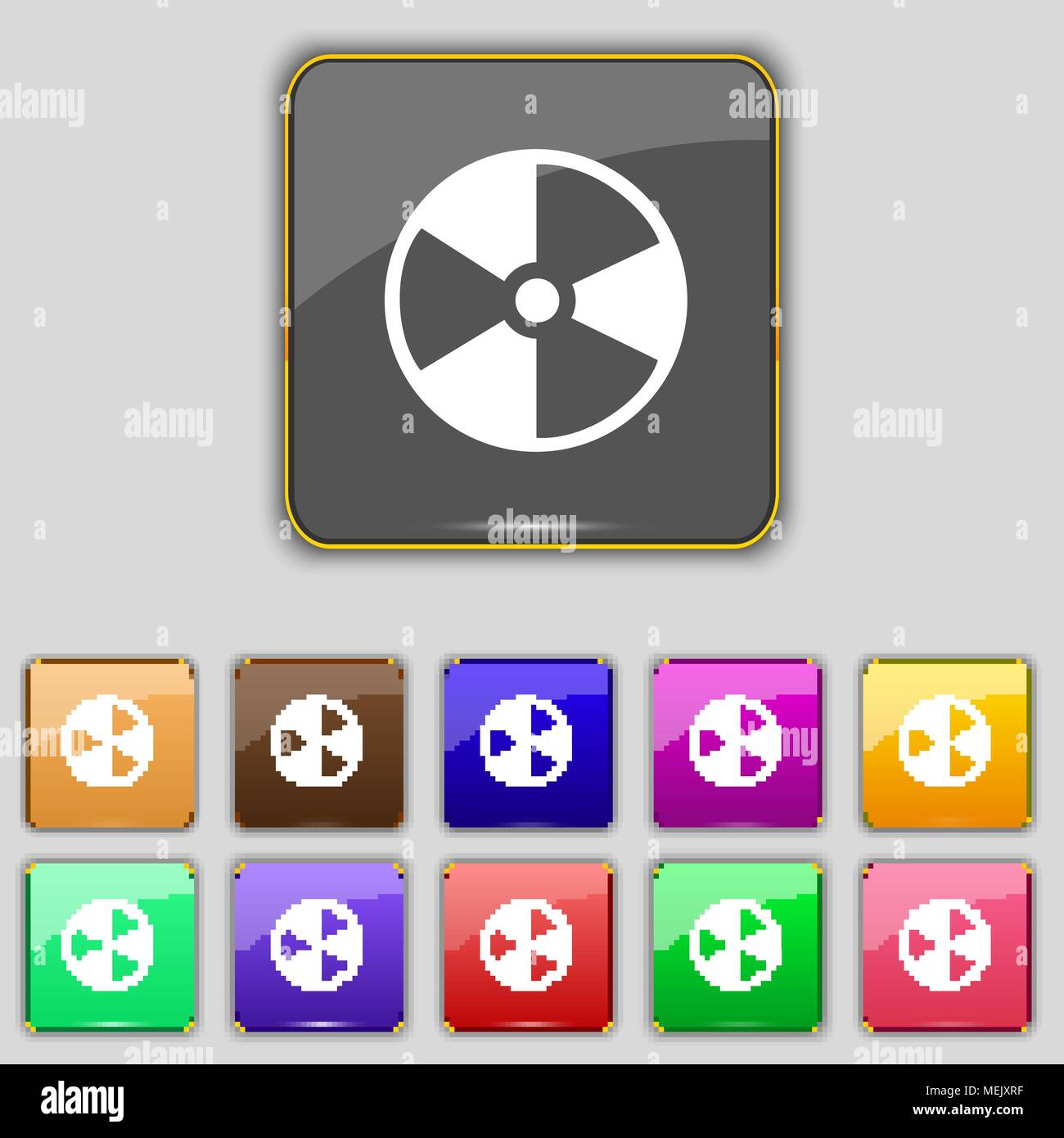 radioactive icon sign. Set with eleven colored buttons for your site ...