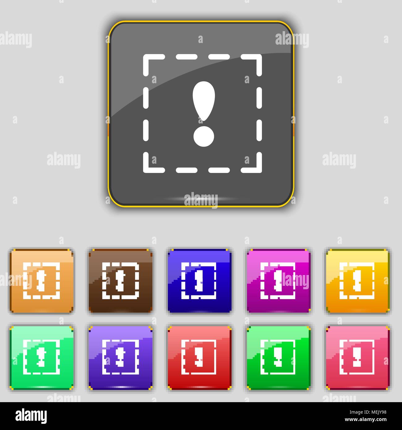 The exclamation point in a square icon sign. Set with eleven colored ...