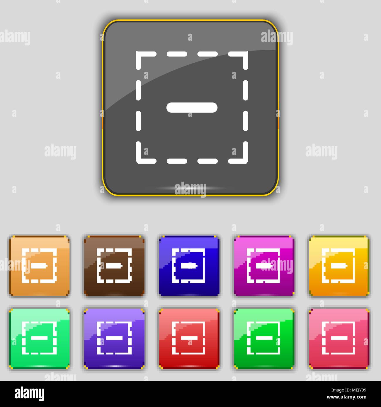 The minus in a square icon sign. Set with eleven colored buttons for ...
