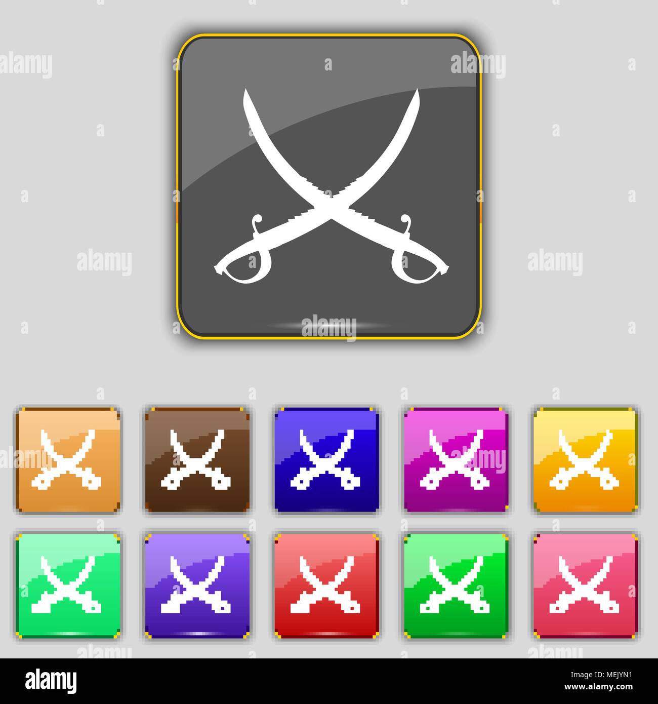 Crossed saber icon sign. Set with eleven colored buttons for your site. Vector illustration ...