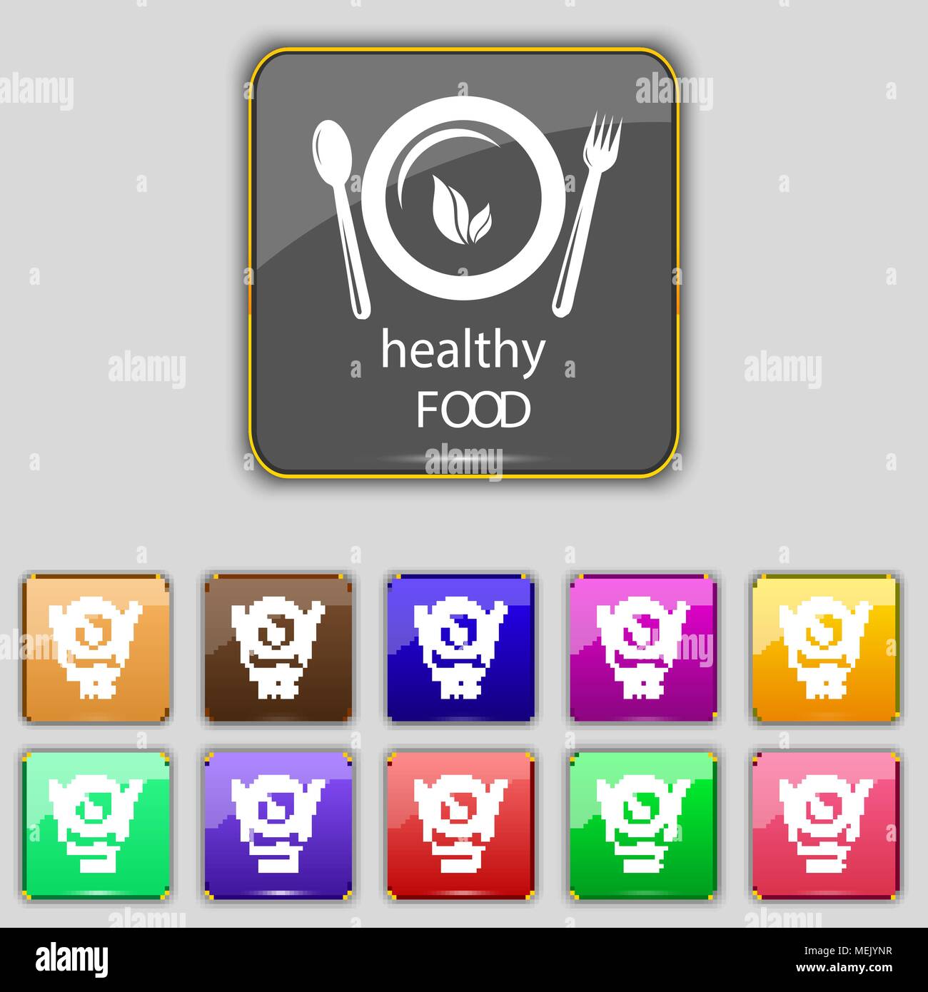 healthy food concept icon sign. Set with eleven colored buttons for ...