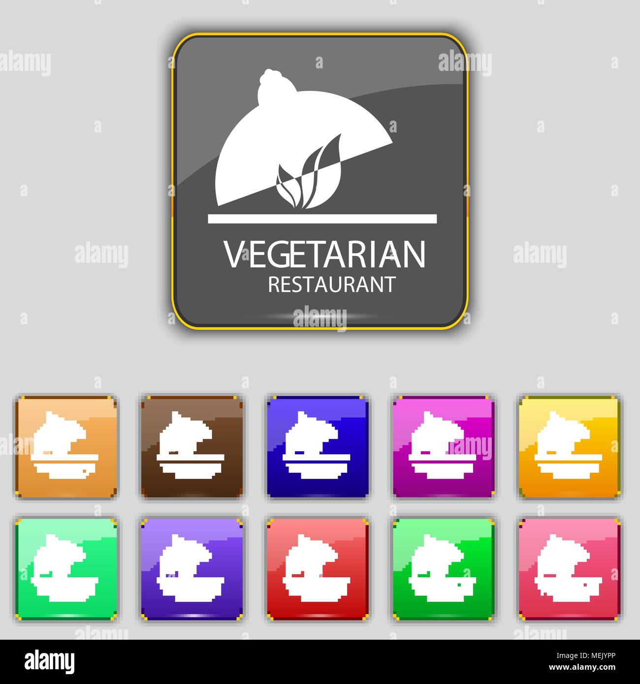 vegetarian restaurant icon sign. Set with eleven colored buttons for ...