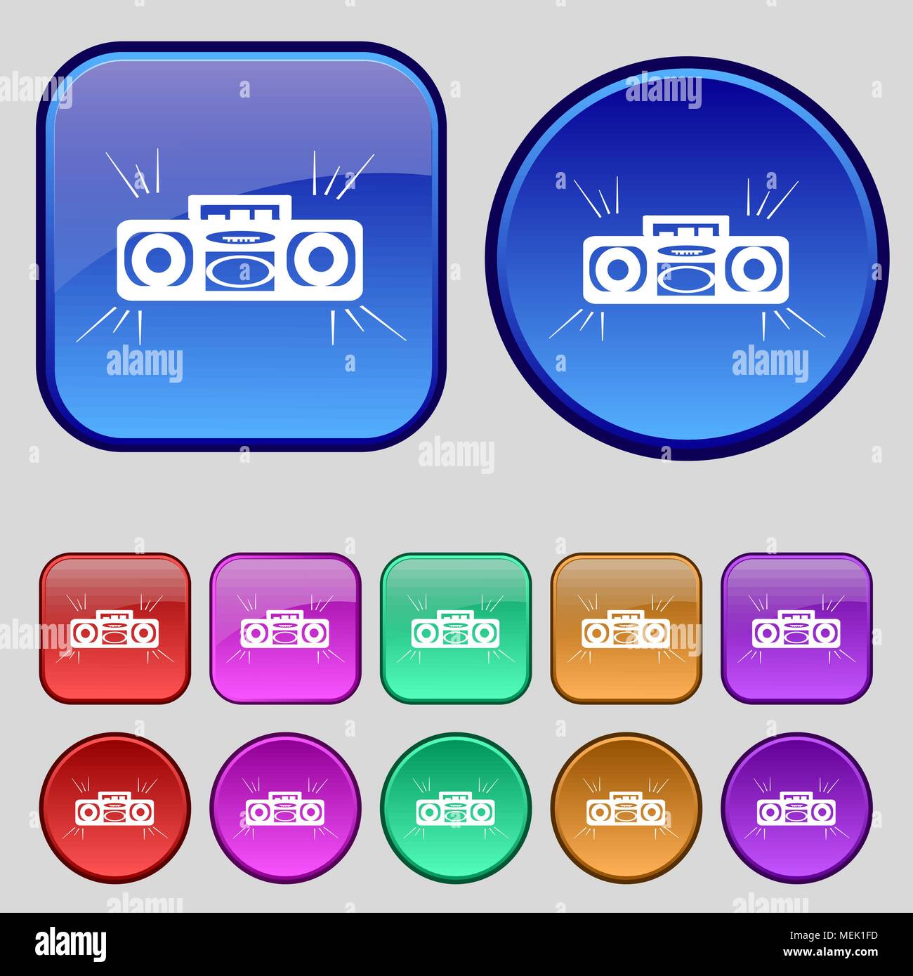 Radio cassette player icon sign. A set of twelve vintage buttons for ...